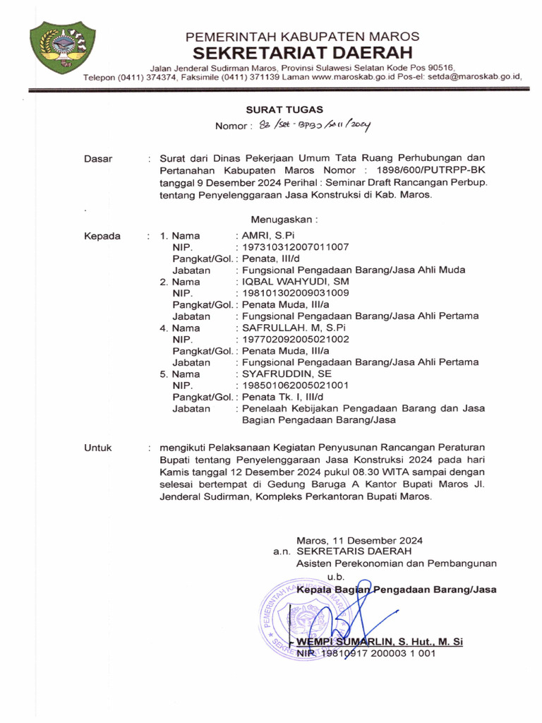 Surat Tugas FGD Rancangan Perbup Jasa Konstruksi | PDF