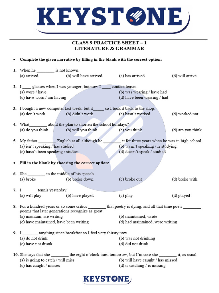 CLASS_9_PRACTICE_SHEET_–_1_Literature_&_Grammar[1] | PDF