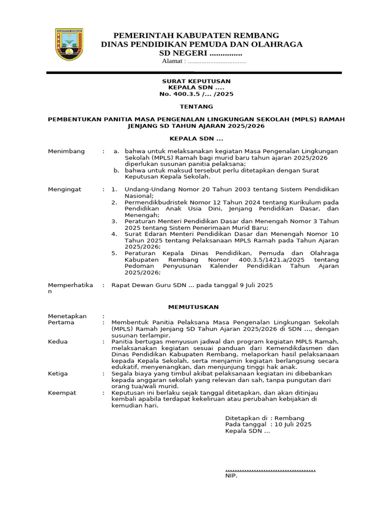 SK Panitia MPLS SD 2025/2026 | PDF