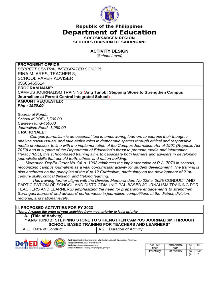 Campus Journalism Training Proposal | PDF | Teachers | Journalism