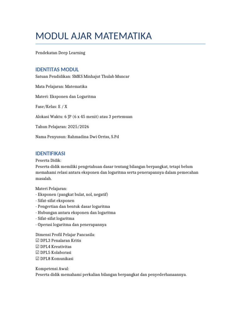 Modul Matematika Eksponen Dan Logaritma PBL DeepLearning | PDF