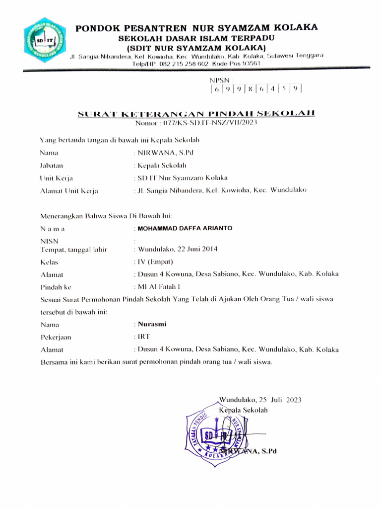 Surat Pindah Daffa | PDF