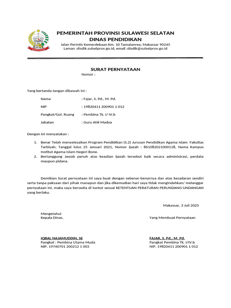 Surat Pernyataan Ijazah Fajar S. Pd. | PDF