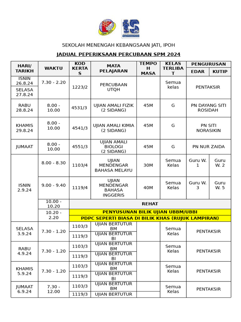 Jadual Percubaan SPM Tahun 2024 | PDF