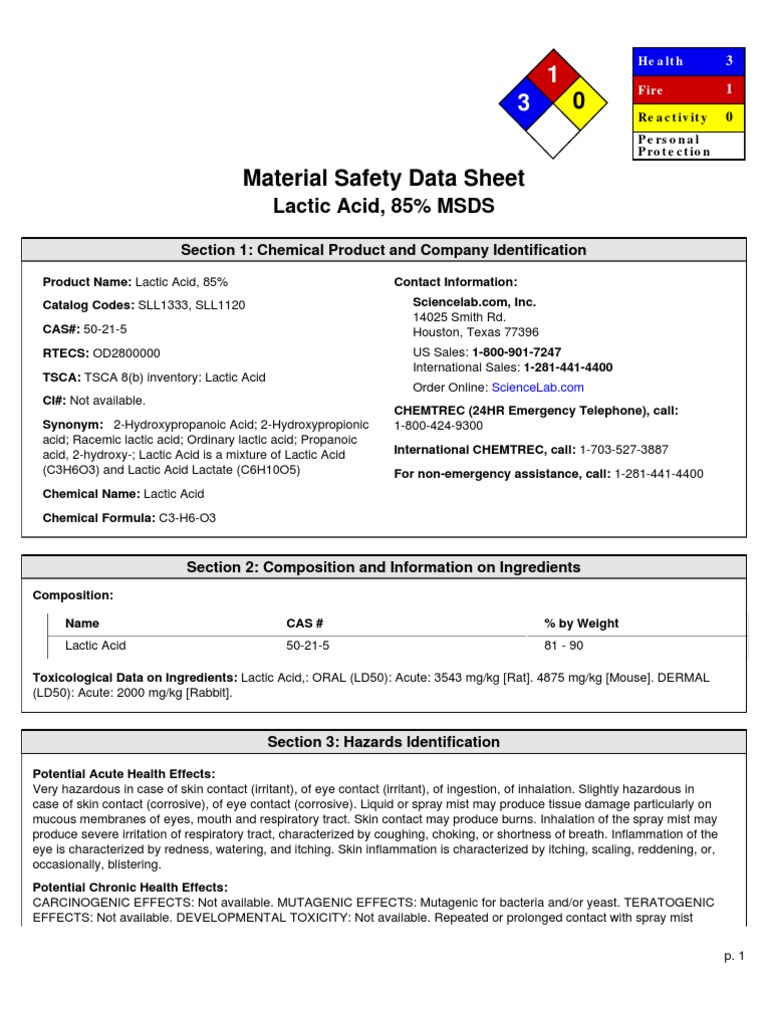 Lactic Acid Msds | Flammability | Toxicity