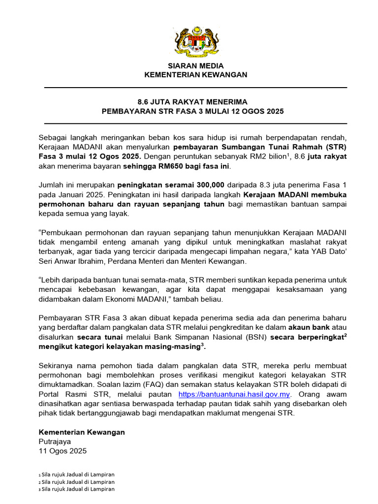 Siaran Media - STR Fasa 3 11082025 | PDF