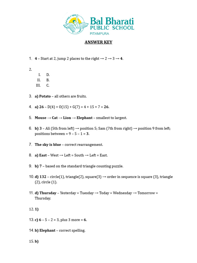 ANSWER KEY - Mental Ability-Worksheet 1 | PDF