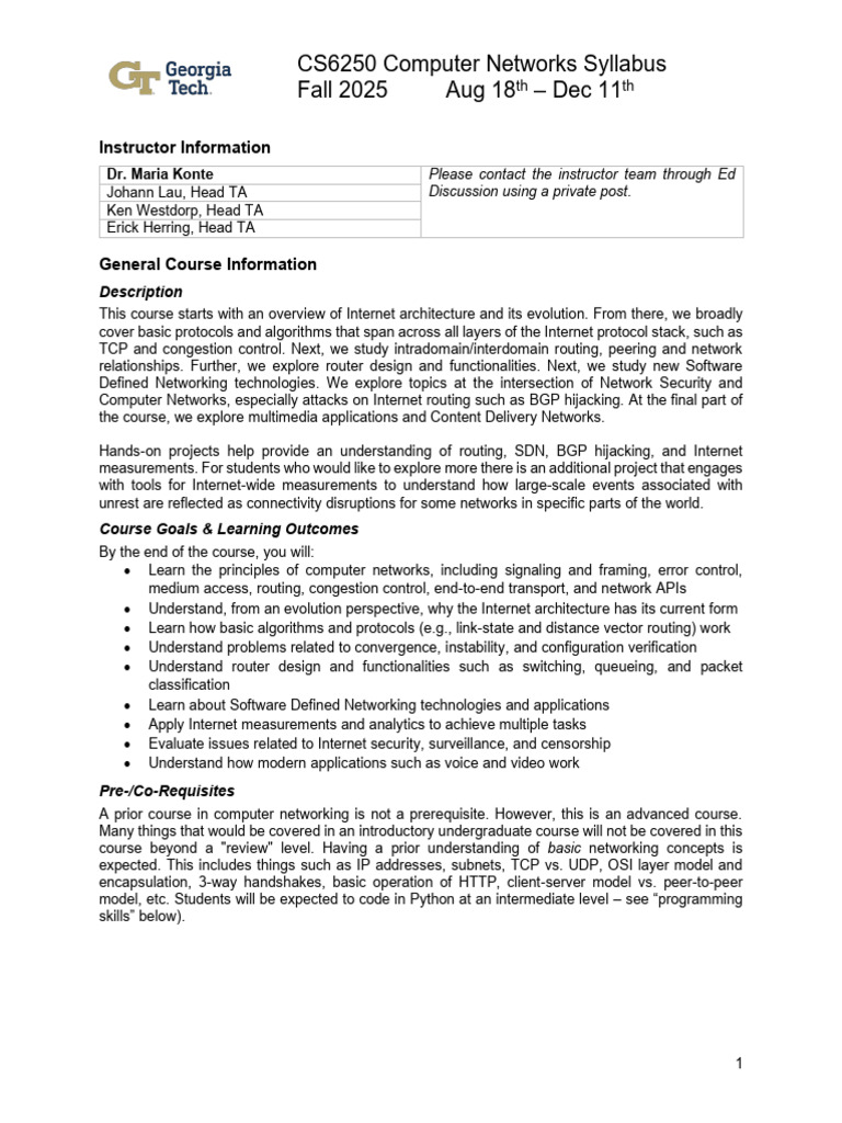 CS6250 Computer Networks Syllabus | PDF | Computer Network | Internet ...