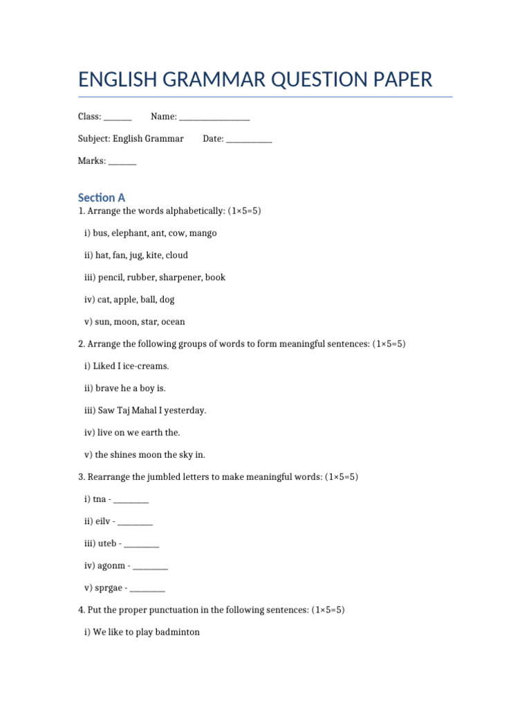 English Grammar Question Paper | PDF