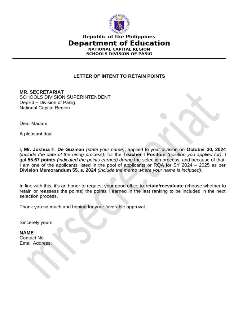 Sample LOI To Retain - DO7s2023 | PDF