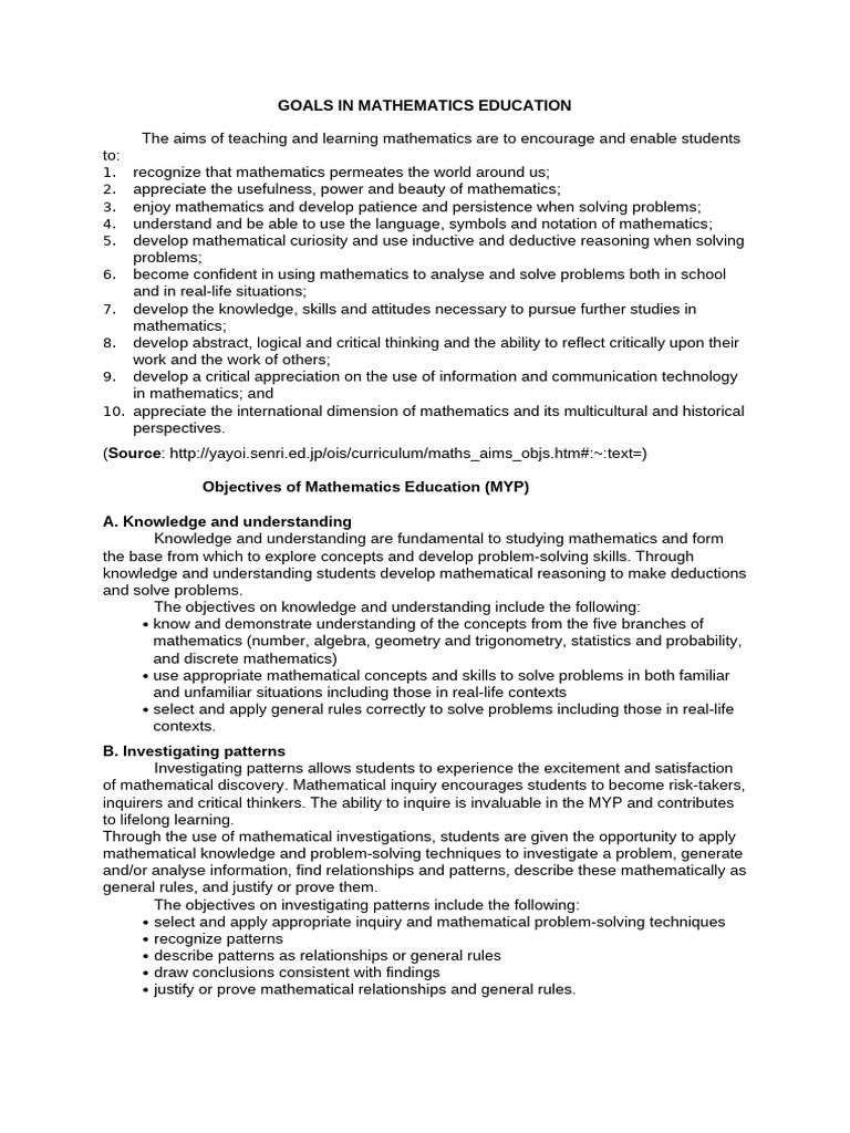 Goals of Mathematics Education | PDF | Mathematics | Critical Thinking
