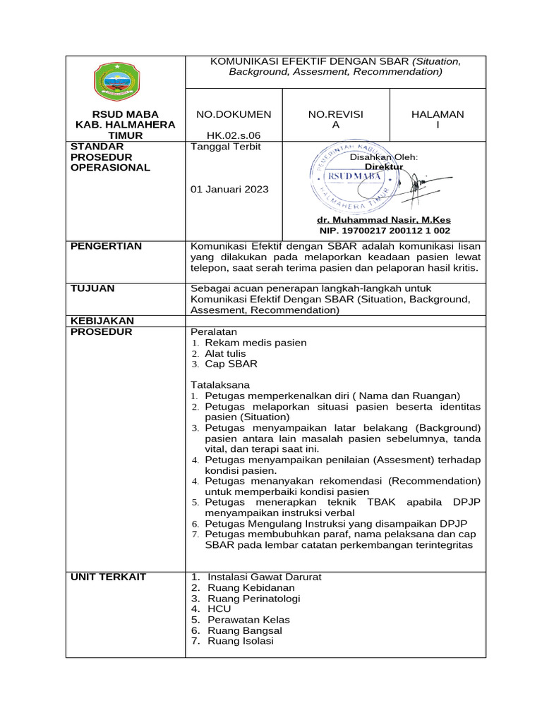 KE 5. SOP Komunikasi Efektif SBAR | PDF