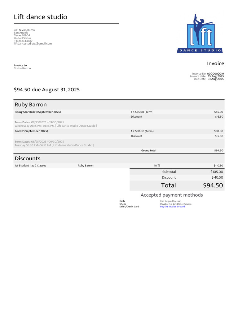 Lift Dance Studio: Ruby Barron | PDF | Invoice | Financial Technology