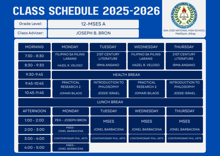 Minimalist Class Schedule in Blue Shade Background Style | PDF