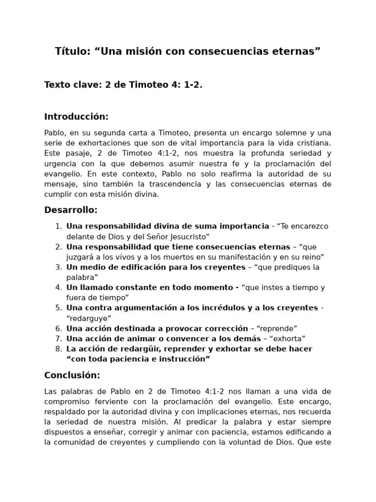 Sermón Textual de 2 de Timoteo 4, 1-2. | PDF