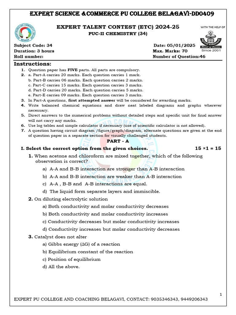 Pu2 Chemisrty Etc - Question Paper 2 | PDF | Coordination Complex | Chemical Reactions