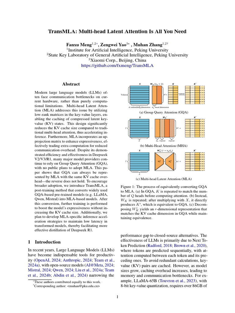 TransMLA. Multi-Head Latent Attention Is All You Need Meng Yao Zhang ...