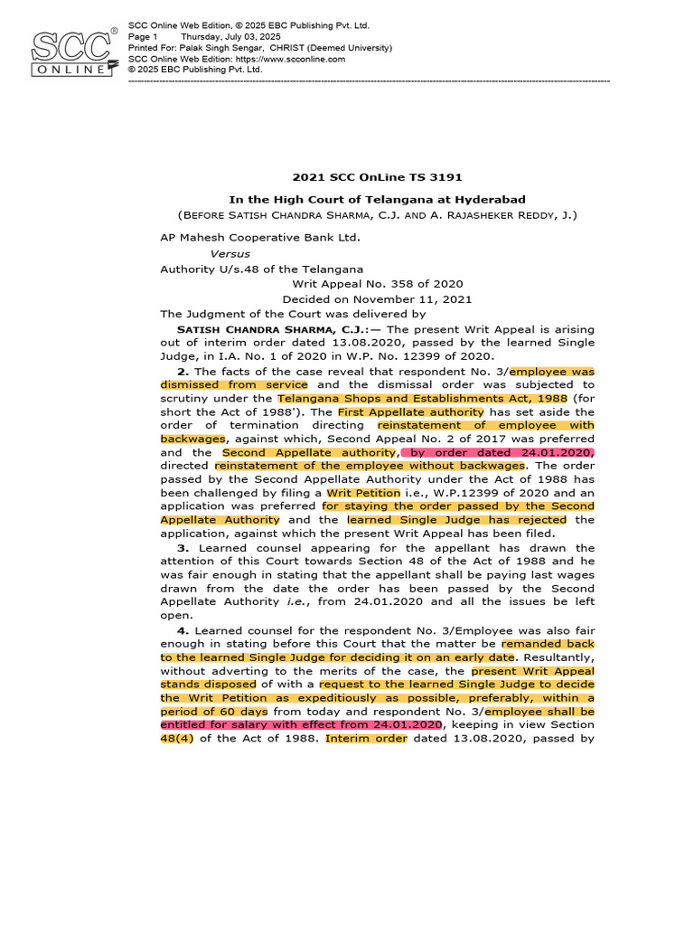Telangana Writ Appeal on Employee Reinstatement | PDF | Appeal | Judgment (Law)