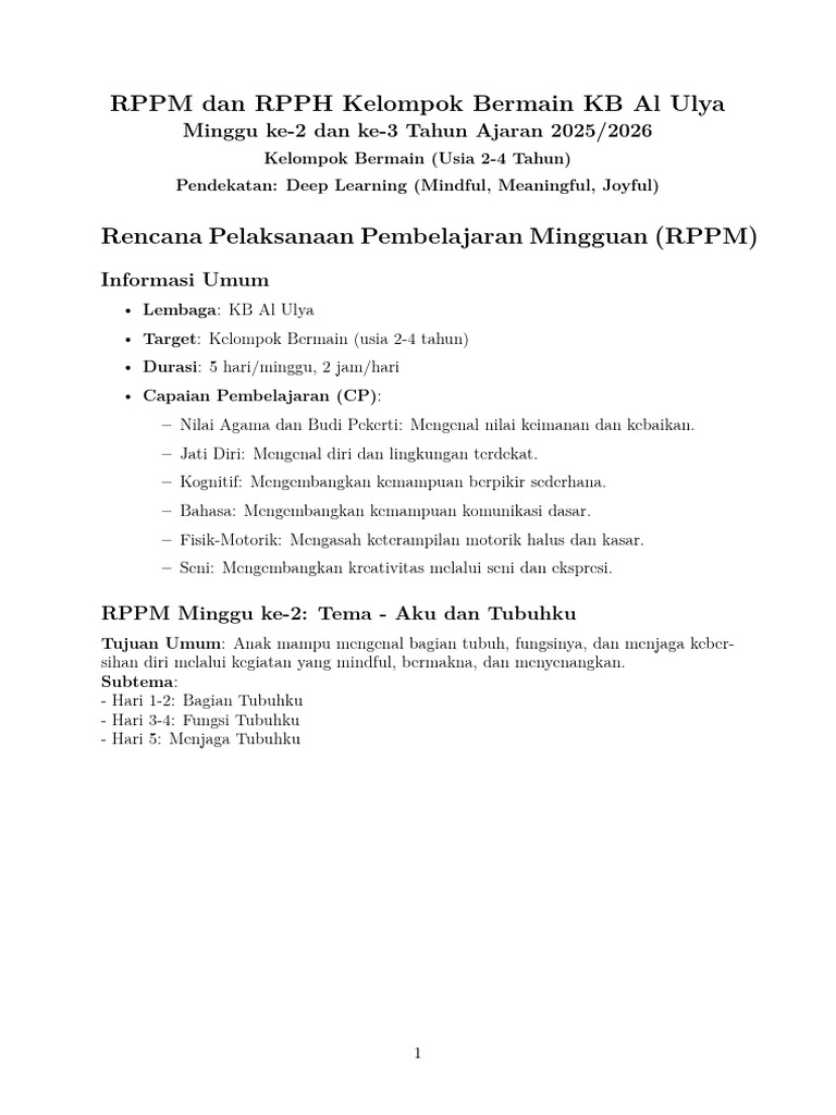 RPPM dan RPPH KB Al Ulya 2025/2026 | PDF