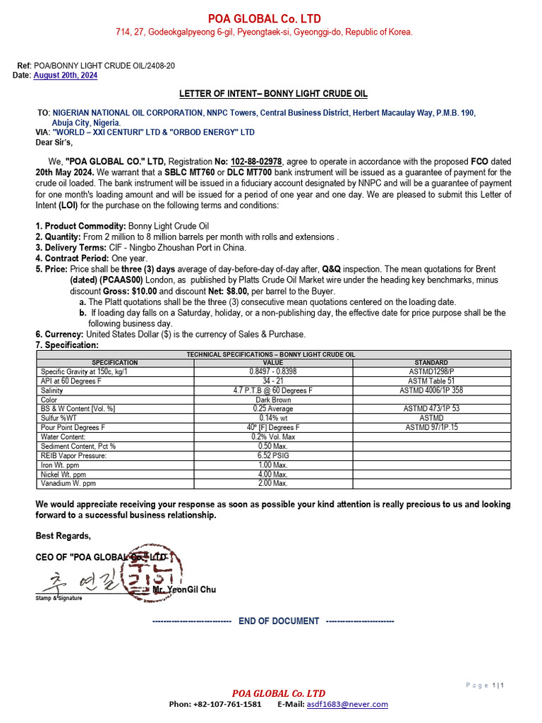 Bonny Light Crude Oil LOI Details | PDF | Petroleum Industry | Energy ...