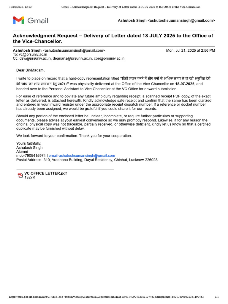 Gmail - Acknowledgment Request - Delivery of Letter Dated 18 JULY 2025 To The Office of The Vice ...