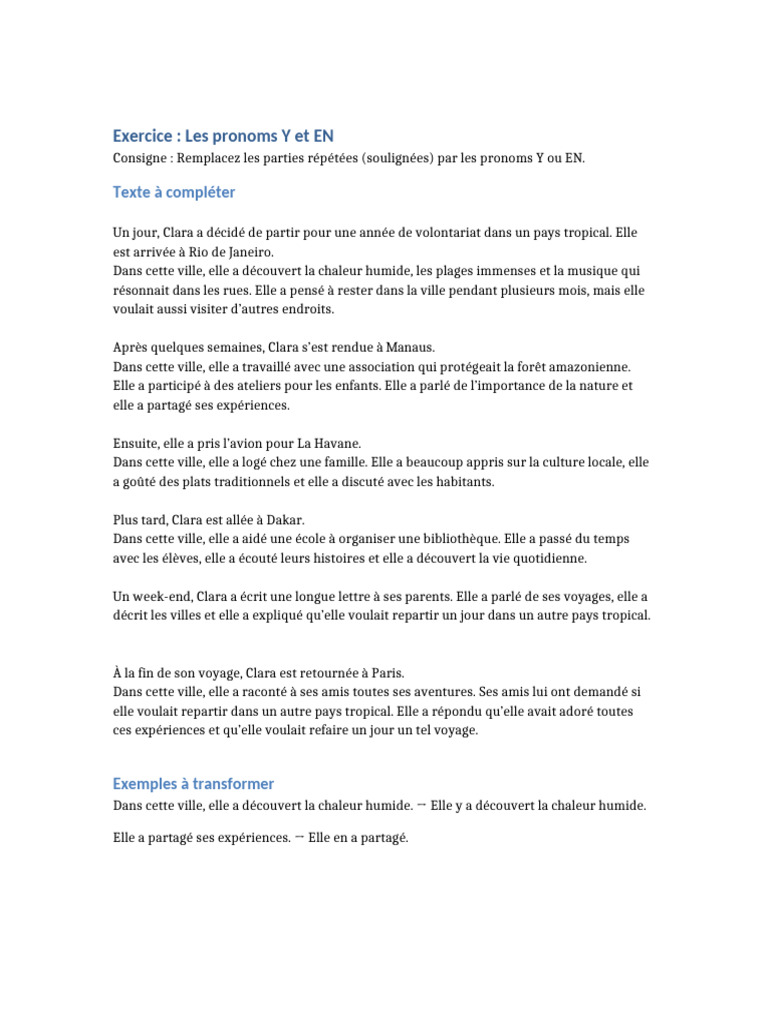 Exercices sur les pronoms Y et EN | PDF