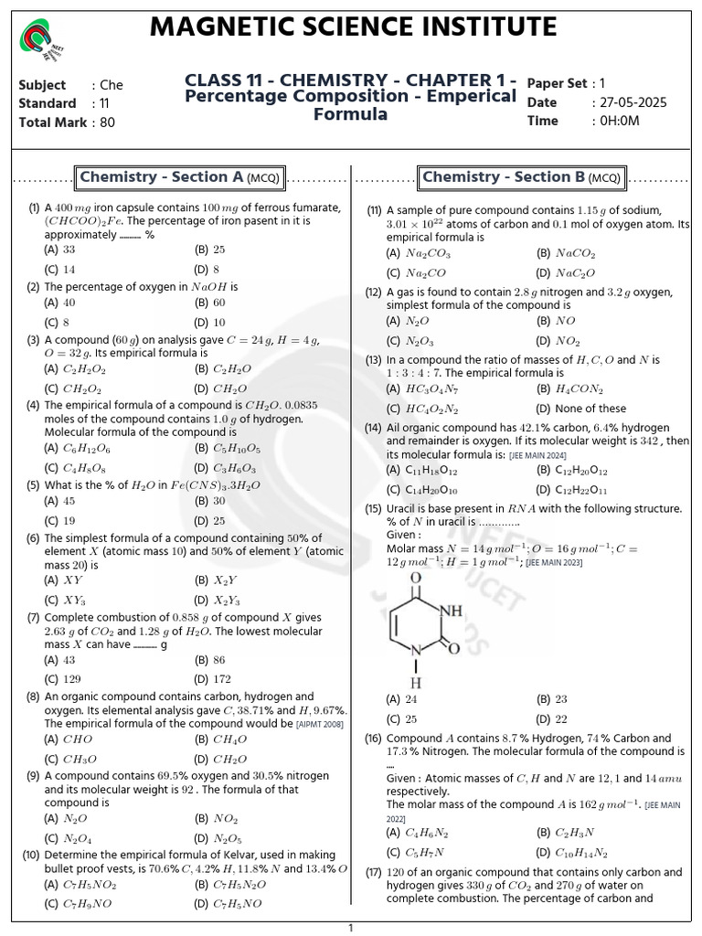 Class 11 Chemistry: Empirical Formula MCQs | PDF | Molecules | Mole (Unit)