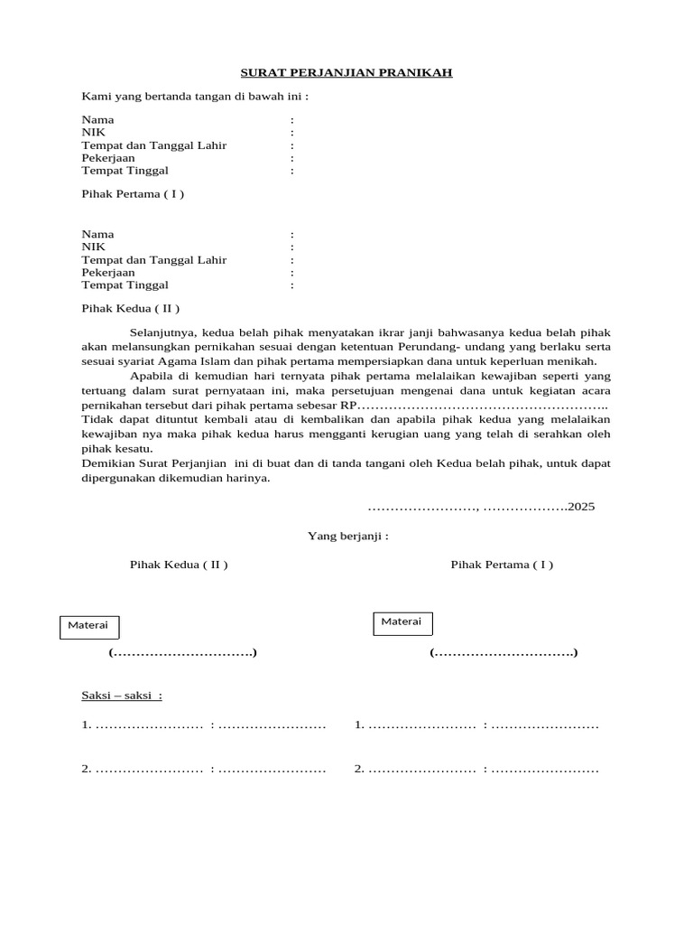 Surat Perjanjian Pranikah Resmi | PDF