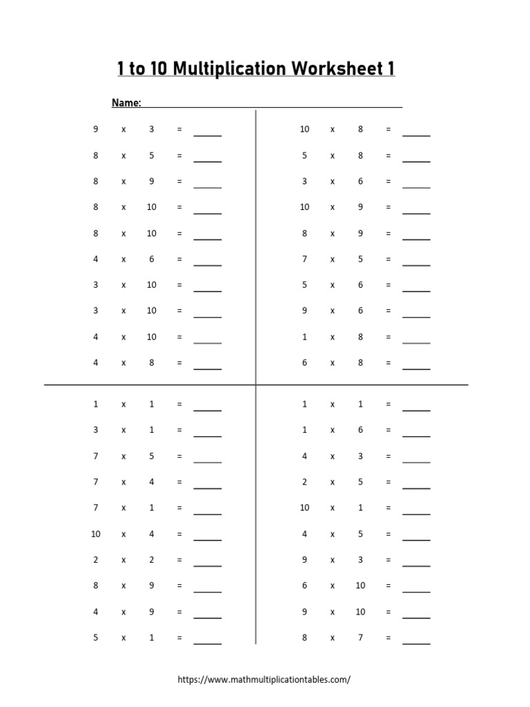 0blank 1 To 10 Multiplication Worksheets With Answer Sheets PDF ...