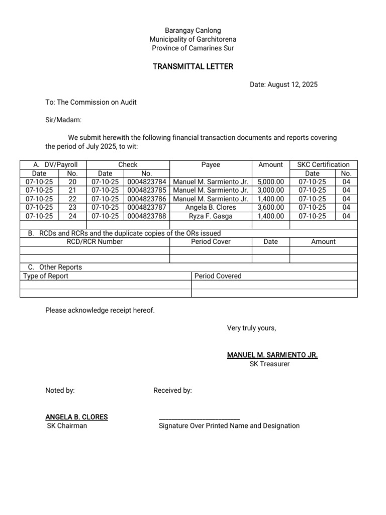 Transmittal Letter - Brgy. Canlong | PDF