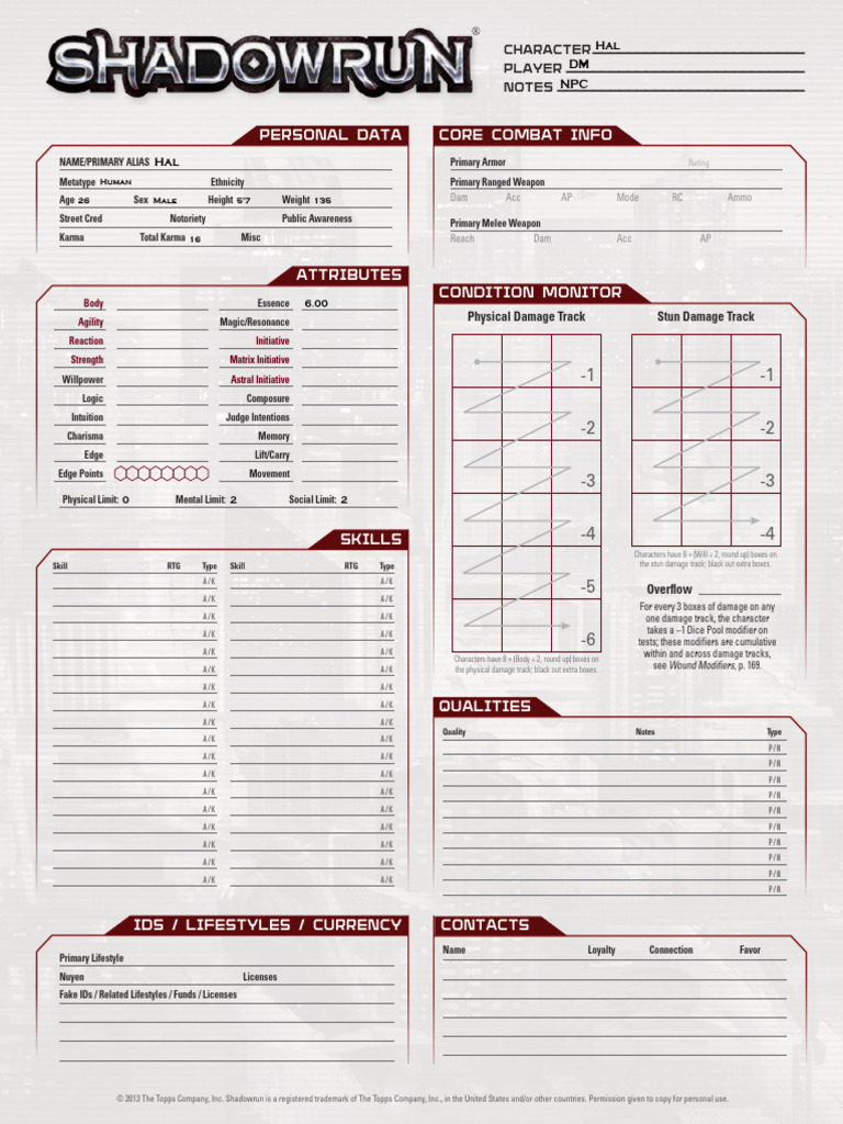 SR5 Character Sheet Form 20120717 | PDF | Role Playing Games | Gaming