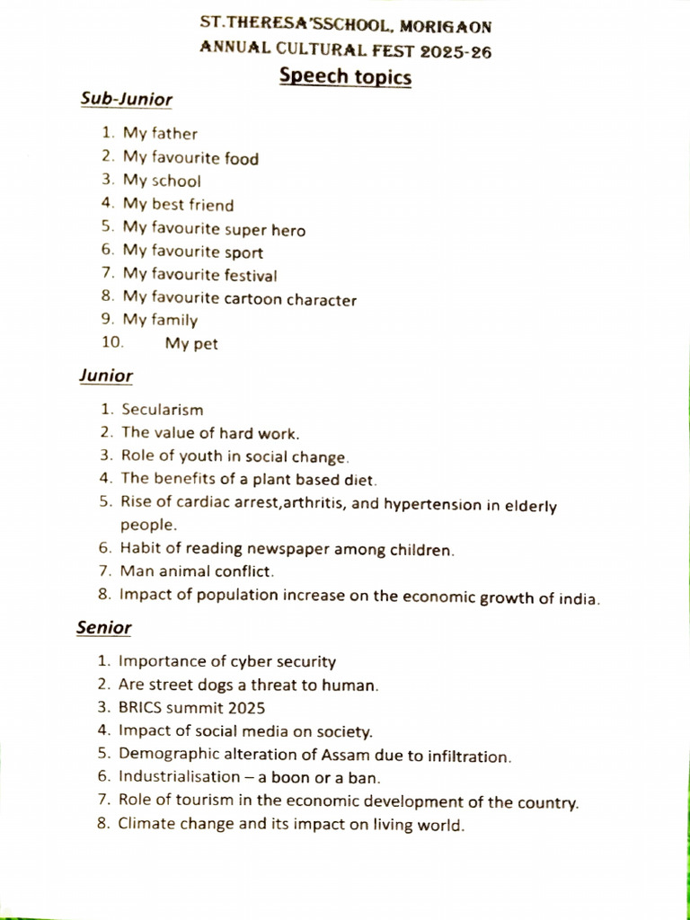 Annual Cultural Fest Speech and Debate Topics 2025 - 629 | PDF