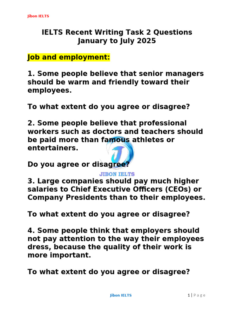IELTS Writing Task 2 Questions 2025 | PDF | Employment | Crimes