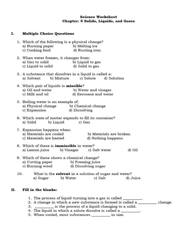 Class 5 Science Worksheet Ch-4 | PDF | Liquids | Water
