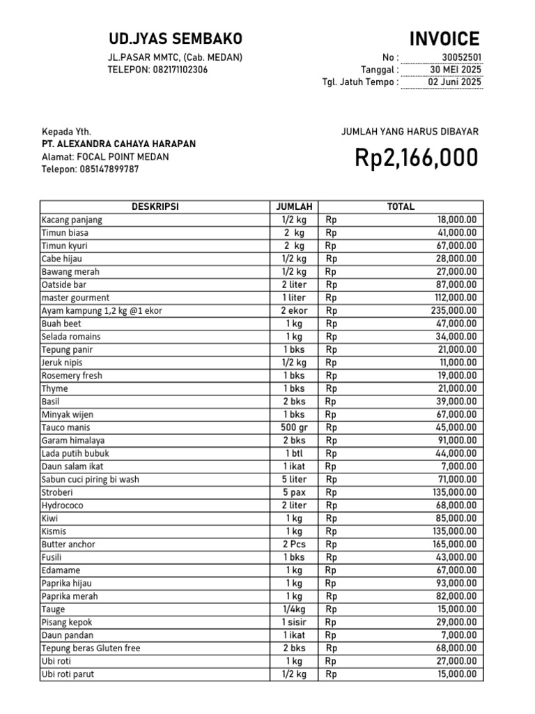 Invoice Pembelian UD. JYAS SEMBAKO Medan | PDF