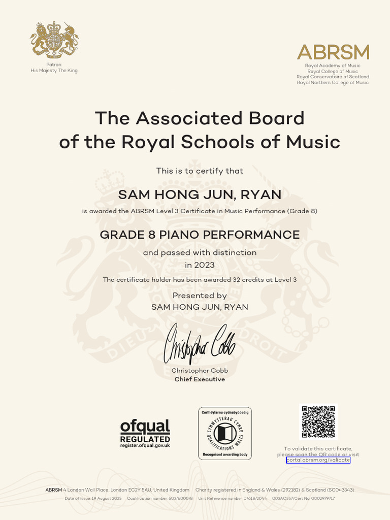ABRSM Grade 8 Piano Certificate Awarded | PDF