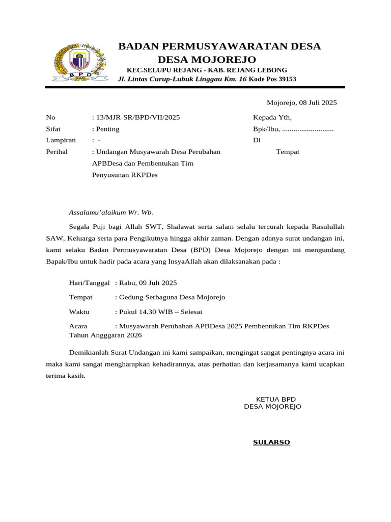 Undangan BPD RKPDes 2025 | PDF