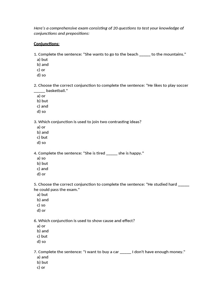 Conjunctions and Prepositions Quiz | PDF