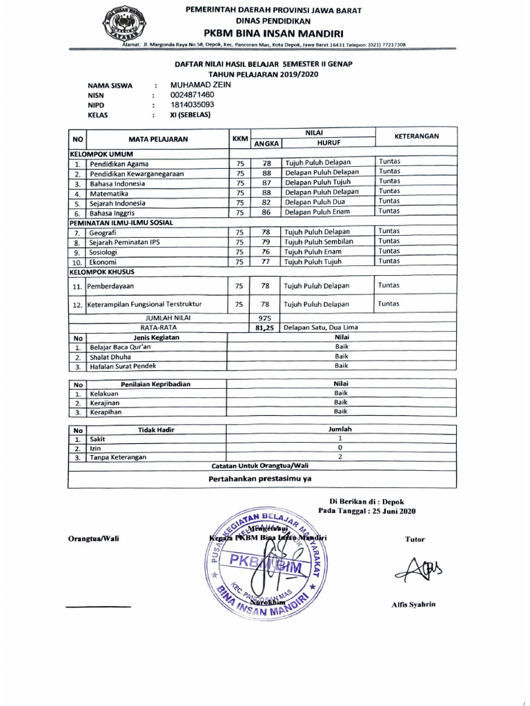 Rapot XI Genap | PDF