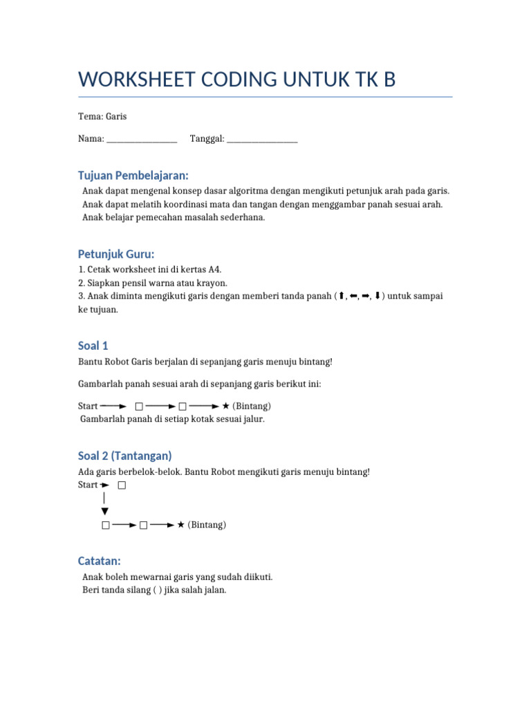 Worksheet Coding Garis untuk TK B | PDF