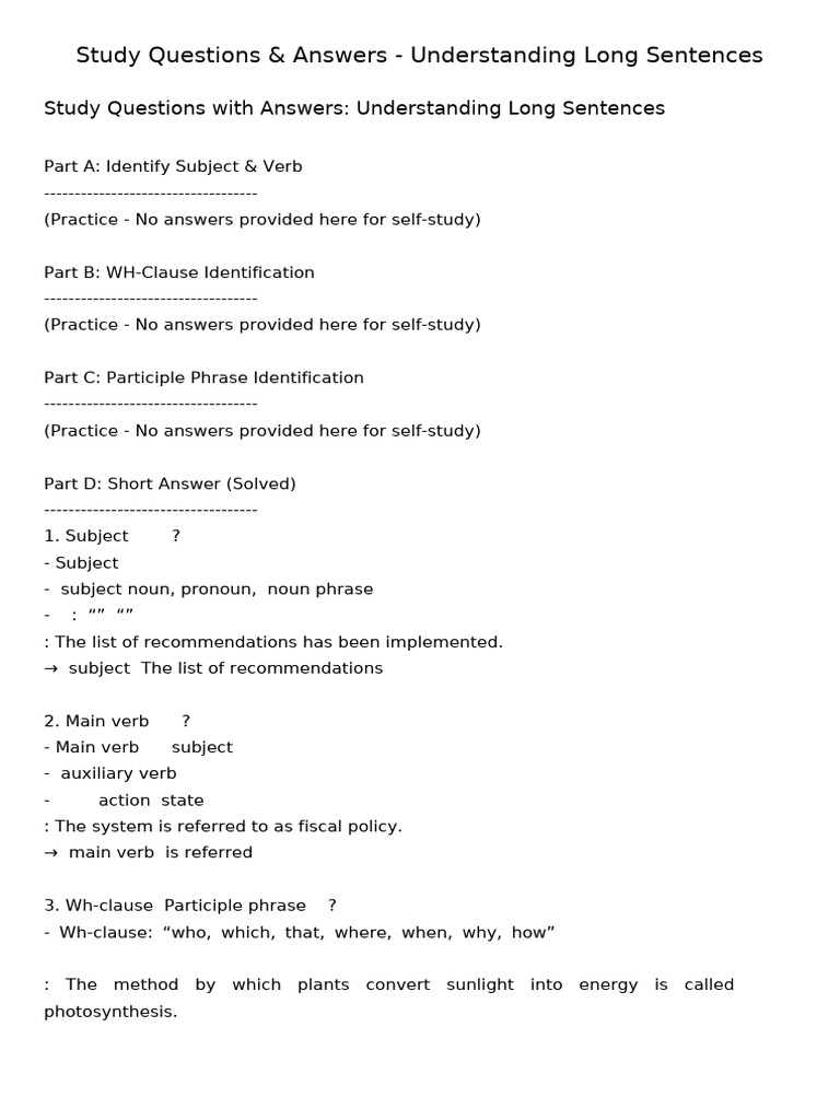 Study Questions on Long Sentences | PDF