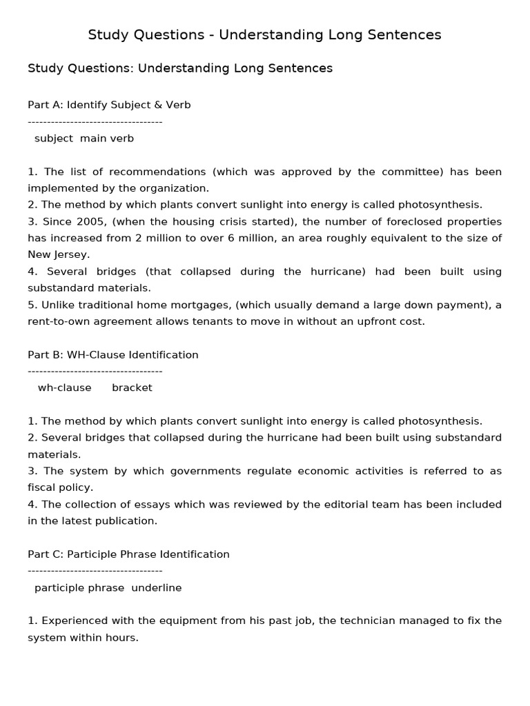 Study Questions Long Sentences Unicode | PDF