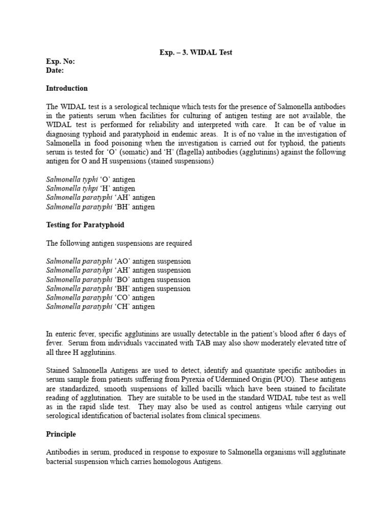 WIDAL Test for Salmonella Detection | PDF | Salmonella | Serology
