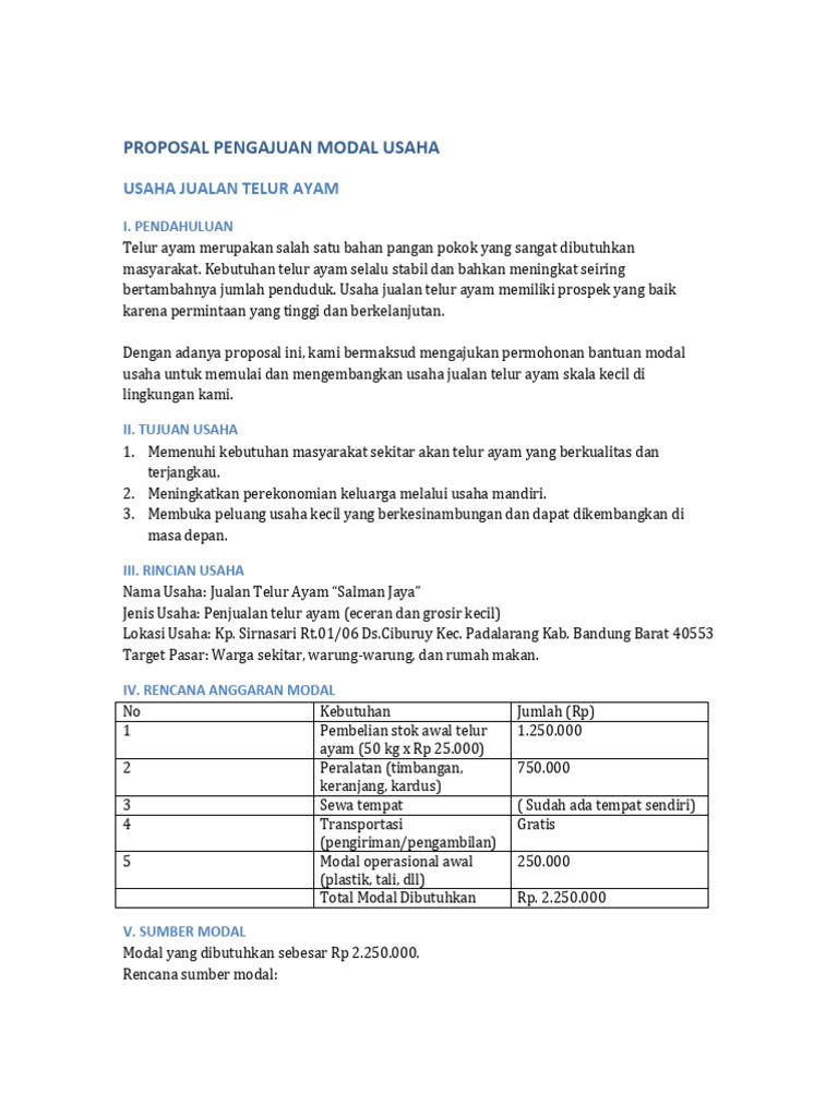 Proposal Modal Usaha Telur Ayam | PDF