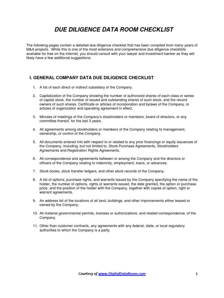 Due Diligence Data Room Checklist | PDF | Stocks | Lease Due Diligence Data Room Checklist | PDF | Stocks | Lease