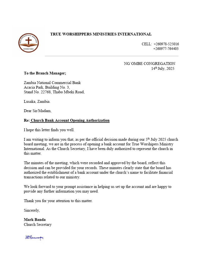 Church Bank Account Opening Request | PDF