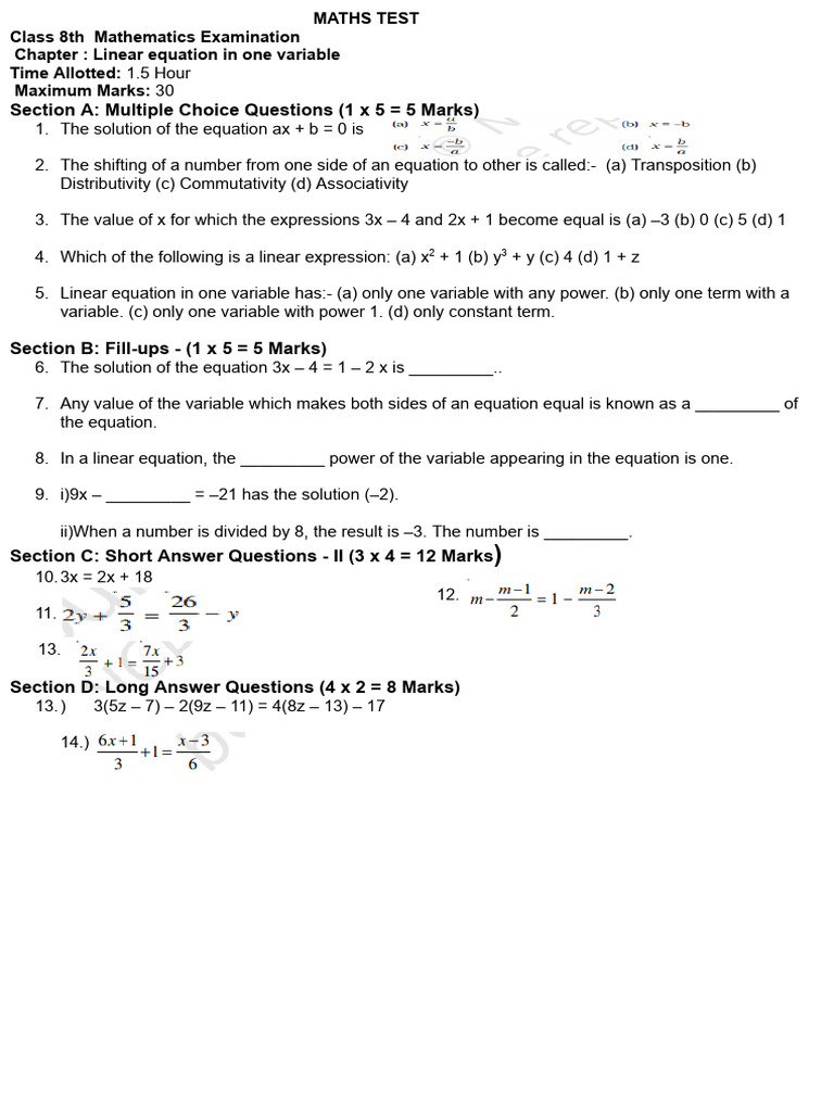 Class 8 Linear Equation Test | PDF
