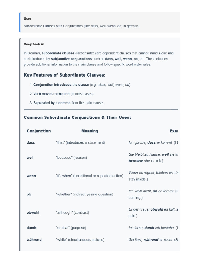 DeepSeek-German Subordinate Clauses With Conjunctions Explained | PDF