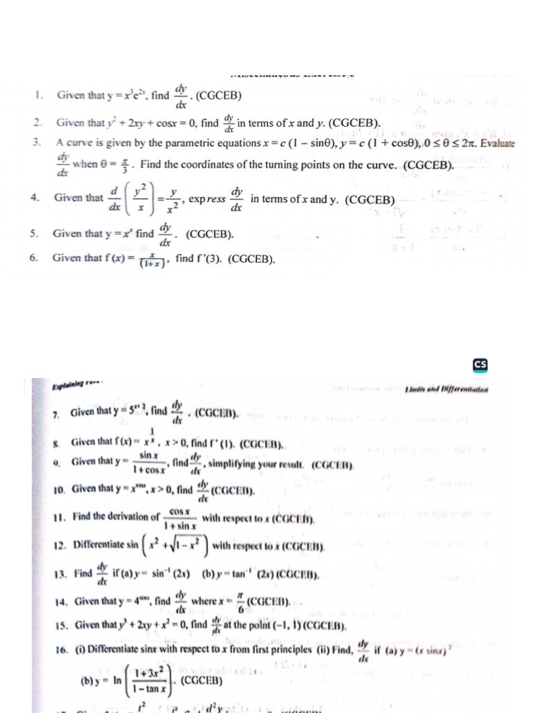 Questions On Differentiation For Cameroon GCE MATHS A Level | PDF
