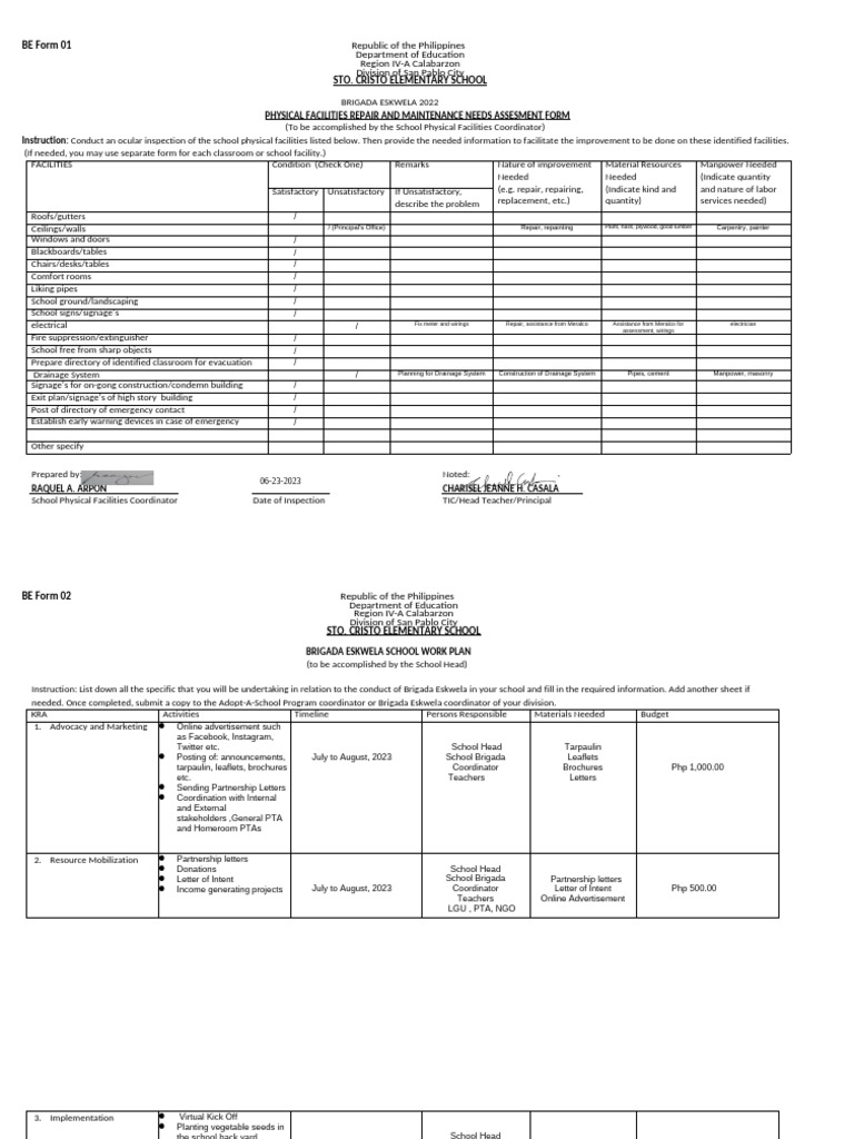 Brigada Eskwela Form 1 3 2023 | PDF